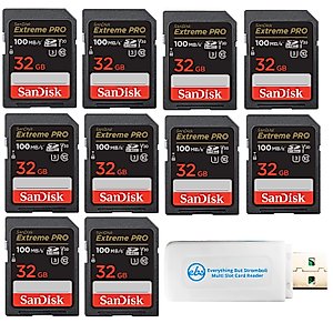 SanDisk 32GB SD Extreme Pro Memory Card (Ten Pack) for Digital DSLR Camera 4K UHD V30 UHS-I Class 10 U3 (SDSDXXO-032G-GN4IN) Bundle with (1) Everything But Stromboli MicroSDHC & SD Card Reader