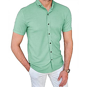 Mens Dress Shirts Button Down Short Sleeve Casual Stretchy Regular Fit Knitted Elastic Business Summer Tops for Men Green