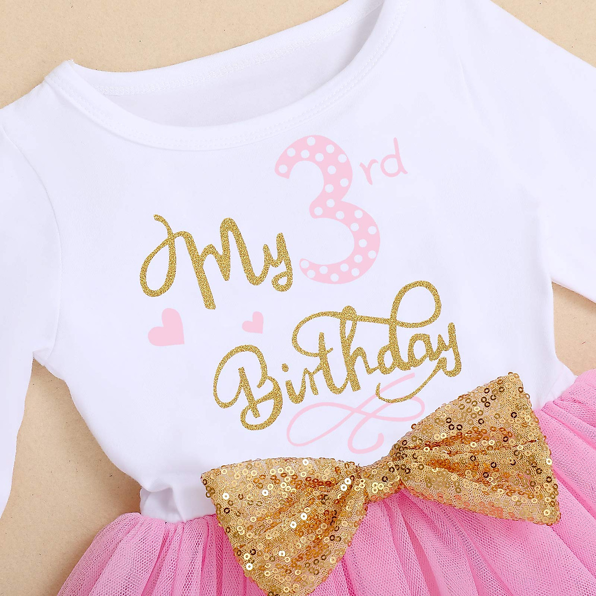 ODASDO Toddler Kids Girl My 3rd Third Birthday Cake Smash Outfit Cotton Long Sleeve Princess A-line Tutu Tulle Dress Bowknot Headband Set Three Years Old Party Clothes Photo Props Pink 3 Years