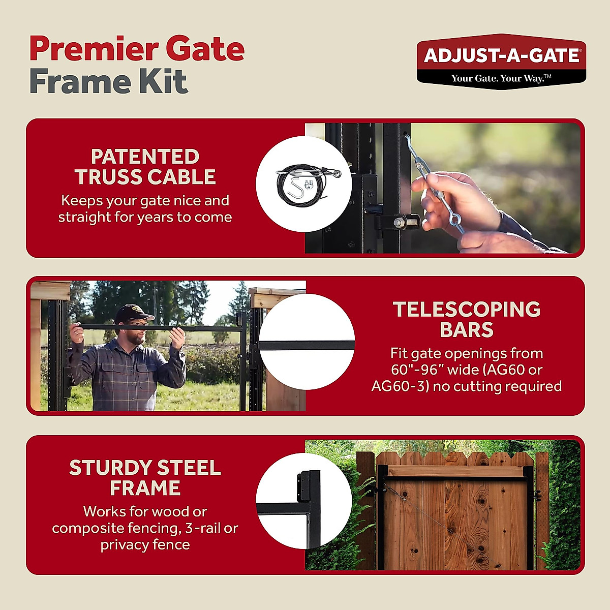 Adjust-A-Gate 2-Pack Anti-Sag Original Wide Width Full-Frame Gate Kit, Fits 60-90" Opening