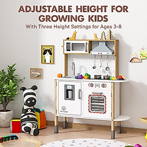 TINYSURE Play Kitchen Set for Kids - Sound and Light Effect Wooden Toy Kitchen Playset with 19 Pcs Toy Food and Cookware Accessories, and Abundant Fun Play Features for Toddlers, Girls, Boys