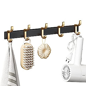 JIARY Coat Pegs Wall Mounted,Coat Hook with 5 Movable Hook for Coat Hat Towel Purse Robes Mudroom Bathroom Entryway,Black Gold,38 * 4.5cm
