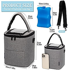 Breast Milk Cooler Bag with Ice Pack Reusable Storage Bags, Fit 4 Baby Bottles, Insulated Baby Bottle Cooler Bag Suitable for Nursing Mom Daycare, Waterproof with Zipper Pocket, Grey