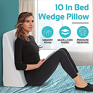 Bed Wedge Pillow - 10 Inch Wedge Pillow For Sleeping with Memory Foam Top, Lower Back Pain Support Cushion, Sleep Apnea Pillow, Pregnancy, Acid Reflux, GERD, Heartburn, Anti Snore, Removable Cover