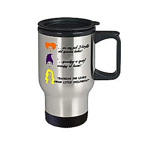 Creator's Cove Hocus Halloween novelty travel coffee mug stainless steel, Winifred Mary Sarah Sanderson sisters decor movie merchandise funny quotes cups, All Hallows eve Samhain, Dani Dennison