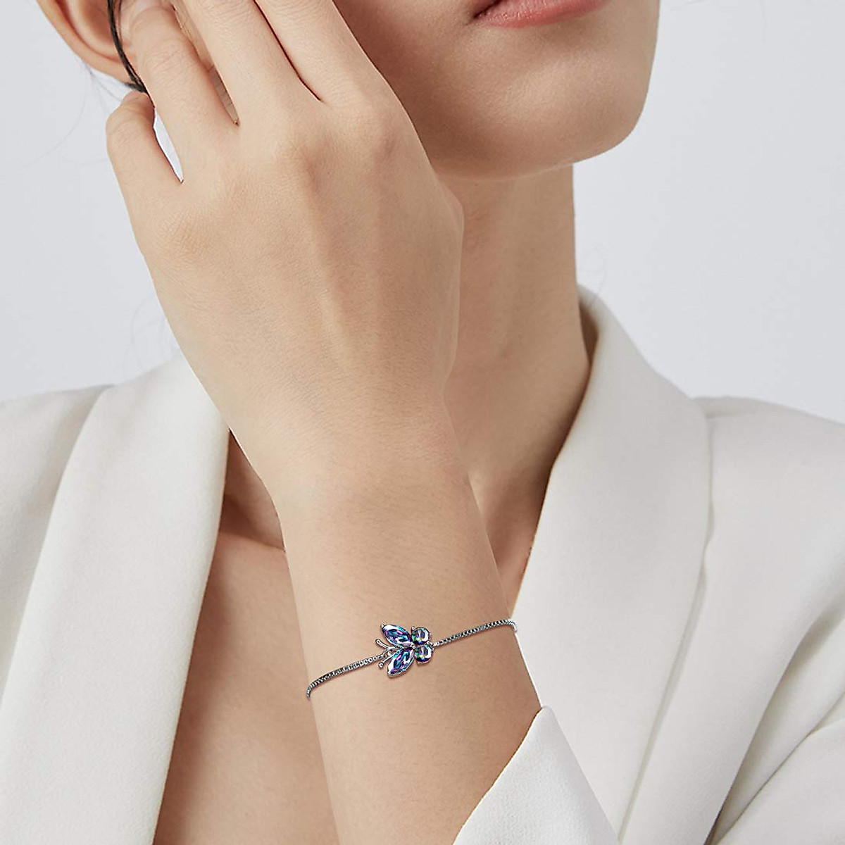 Hipunk Butterfly Mystic-Rainbow-Topaz Bracelets Birthstone Women 925 Sterling Silver Fire-Topaz Birth Stone Animal Butterflies Adjust Link Bracelet Crystal Birthday Jewelry SB0001C