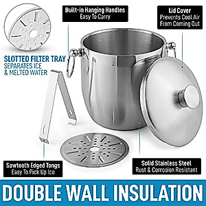 Zulay 3 Liter Double-Wall Insulated Ice Bucket For Cocktail Bar - Ice Buckets For Parties, Outdoor & Indoor - Stainless Steel Ice Bucket With Lid, Strainer & Tongs Included