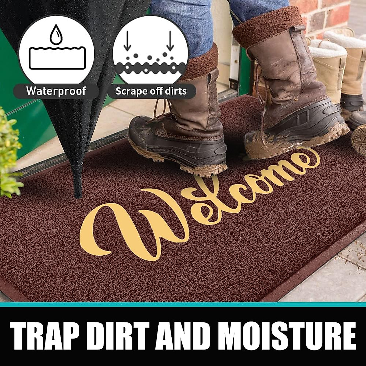 T.HENV Welcome Mat Outdoor, 30x17.5 Waterproof All-Season Front Door Mat Outside Entrance, All-Weather Quick Drying, Low Profile Doormat Indoor, Patio Porch Entryway Mat, Brown-Gold
