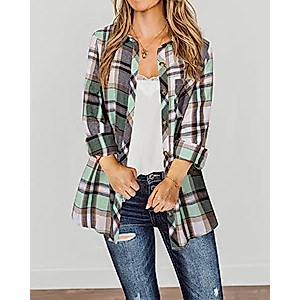 Hibluco Women's Fall Plaid Flannel Shacket Jacket Long Sleeve Button Down Shirt Light Green