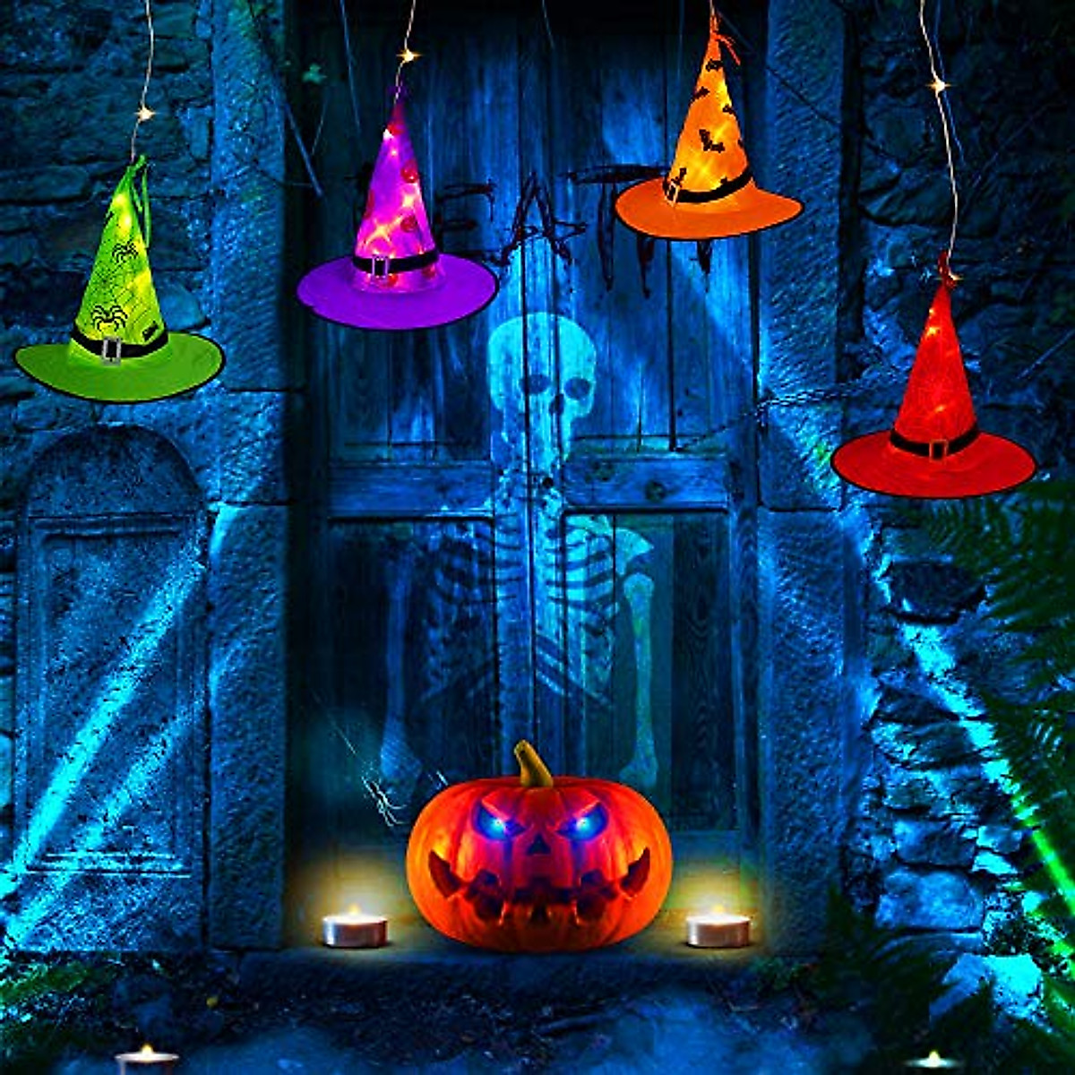 XTF2015 Halloween Decorations Outdoor, Upgraded 8pcs Hanging Lighted Glowing Witch Hat Lights, 44FT 104LED Waterproof Halloween Light for Outdoor,Garden, Trees, Party Decorations