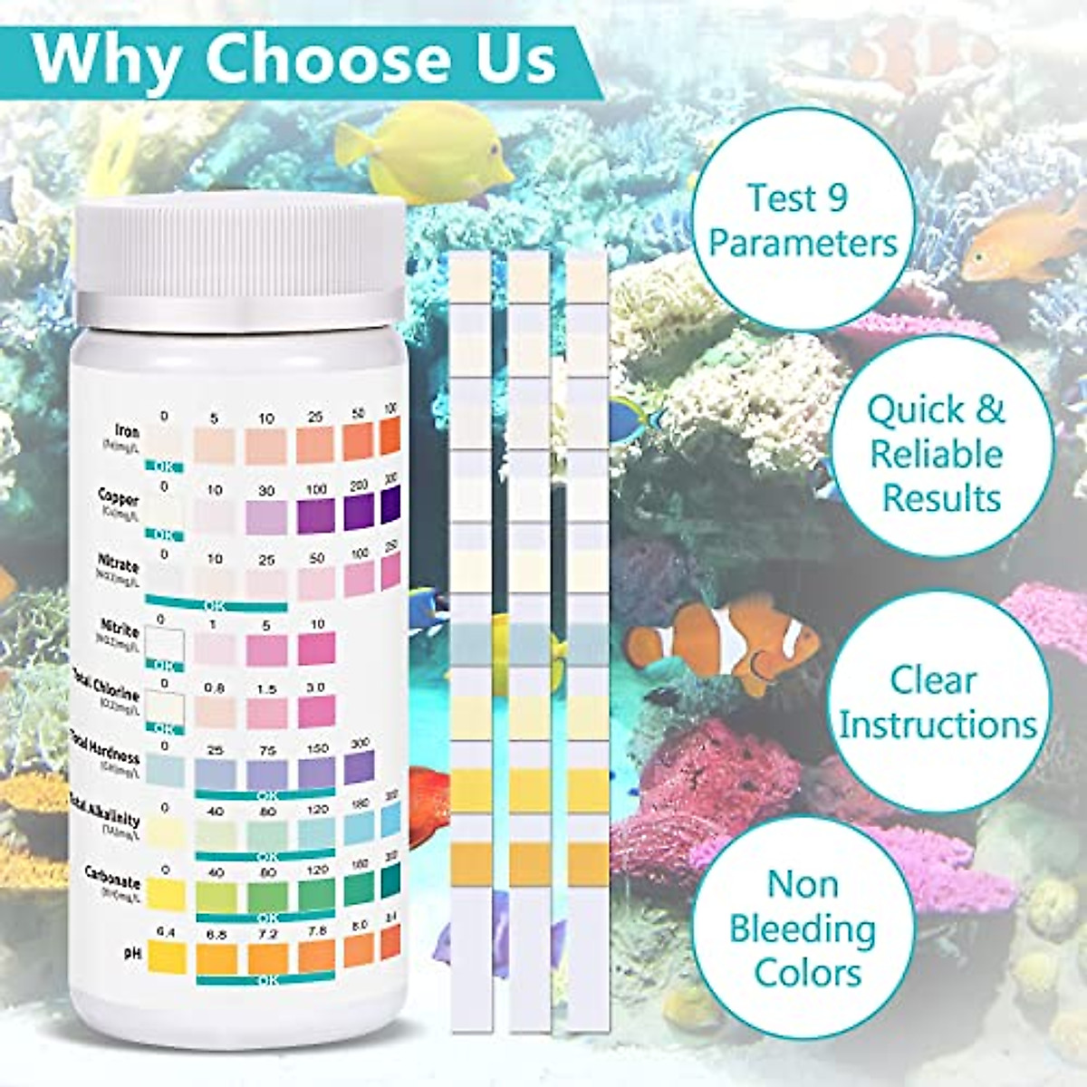 9 in 1 Aquarium Water Test Kit, 100 Strips Aquarium Test Strips Freshwater Saltwater Aquarium Test Kit Easy Accurate to Monitor Aquarium Fish Tank Water for Copper, pH, Nitrite,Nitrate and Mor