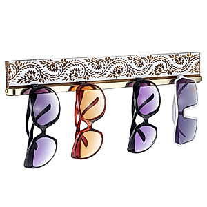 MyGift Wall Mounted Brass Tone Metal Sunglass Holder Rack with Floral Pattern, Hanging Rail on Rustic Burnt Wood for Reading Glasse Sunglasses Eyewear Display