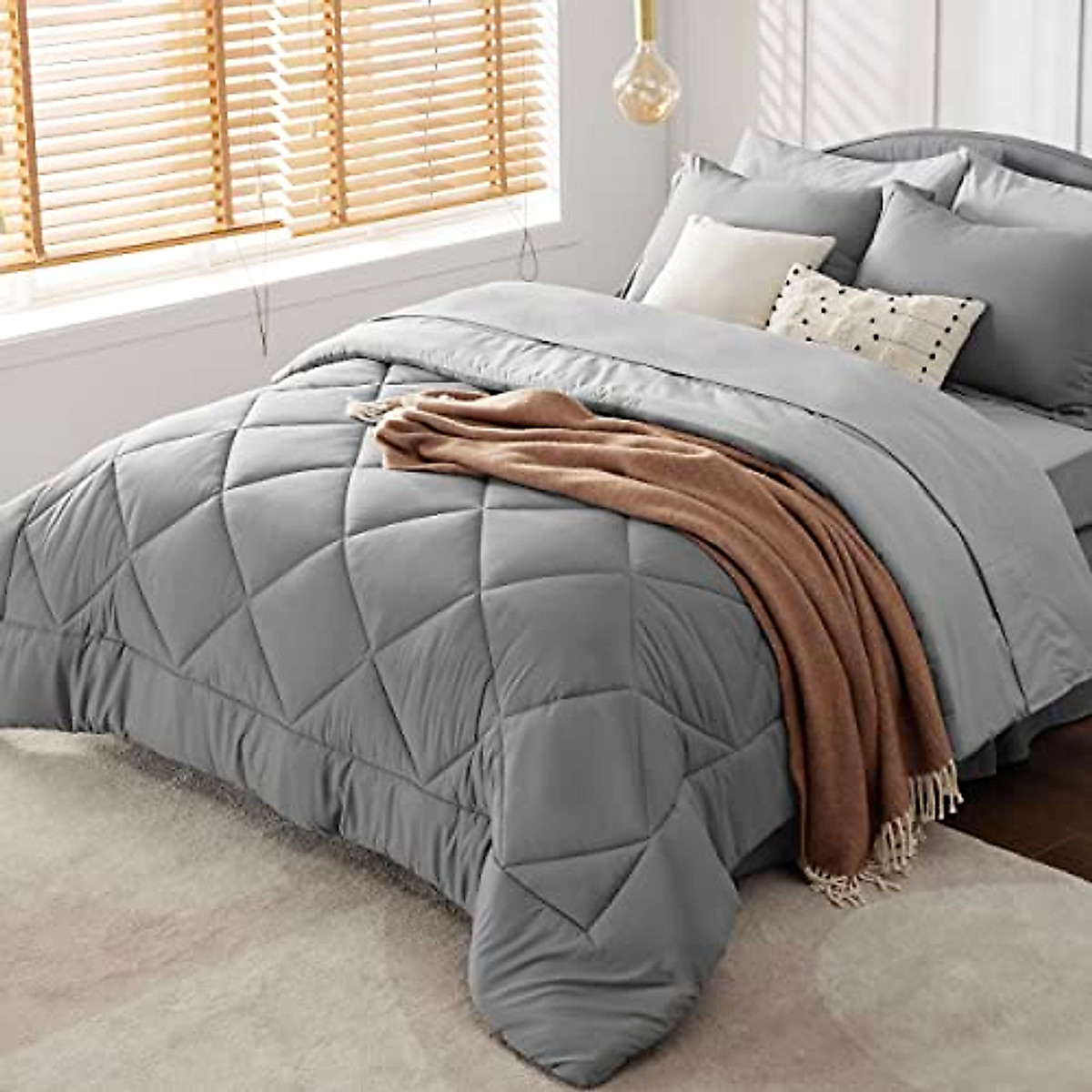 BEDSURE Queen Comforter Set - 7 Pieces Reversible Queen Bed Set Bed in a Bag with Comforters Queen Size, Sheets, Pillowcases & Shams, Grey Bedding Sets