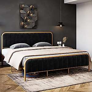 Senfot King Size Bed Frame with Gold Metal Frame, Modern Platform Bed, Noise Free Design, Wood Slats Support, No Box Spring Needed, Easy Assembly in Black