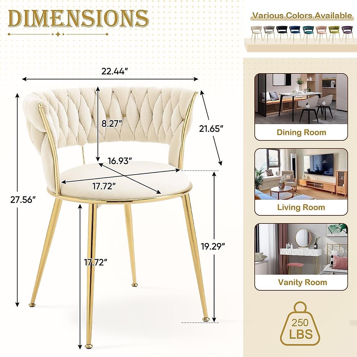 Modern Velvet Dining Chairs Set of 4, Upholstered Living Room Chair with Woven Back and Golden Metal Legs, Mid-Century Accent Side Chair for Dining Room, Living Room, Kitchen, Vanity Room, Ivory
