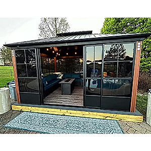 PURPLE LEAF 12' X 14' Patio Hardtop Gazebo Double Top Outdoor Screen House Aluminum Solarium Backyard Sun Room with LED Lights