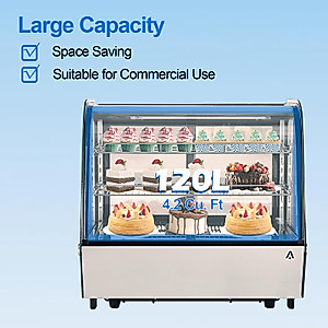 Commercial Display Refrigerator, 4.2 Cu.Ft Refrigerated Display Case, Countertop Pastry Refrigerator w/LED Light Air-cooling Automatic Defrost Rear Sliding Door for Cafe Restaurant Countertop/Floor