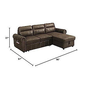 Lilola Home Hugo 96" W Brown Reversible Sleeper Sectional Sofa Chaise with USB Charger