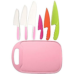 11PCS Kids Plastic Knife Set,Kids Safe Knife Set with 2 Pair Cut Resistant Gloves (Ages 6-12) & Cutting Board,Kids Cooking Tool BPA-Free ,Salad (Pink)
