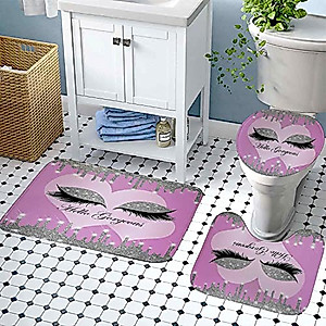 Dia Magico 4PCS Eyelash Shower Curtain Set, Hello Gorgeous Bling Silver Drips Glitter Eyeshadow Pink Heart Makeup Glam Modern Fashion Girl Bathroom Decor Fabric Purple Shower Curtain Non-slip Bath Mat