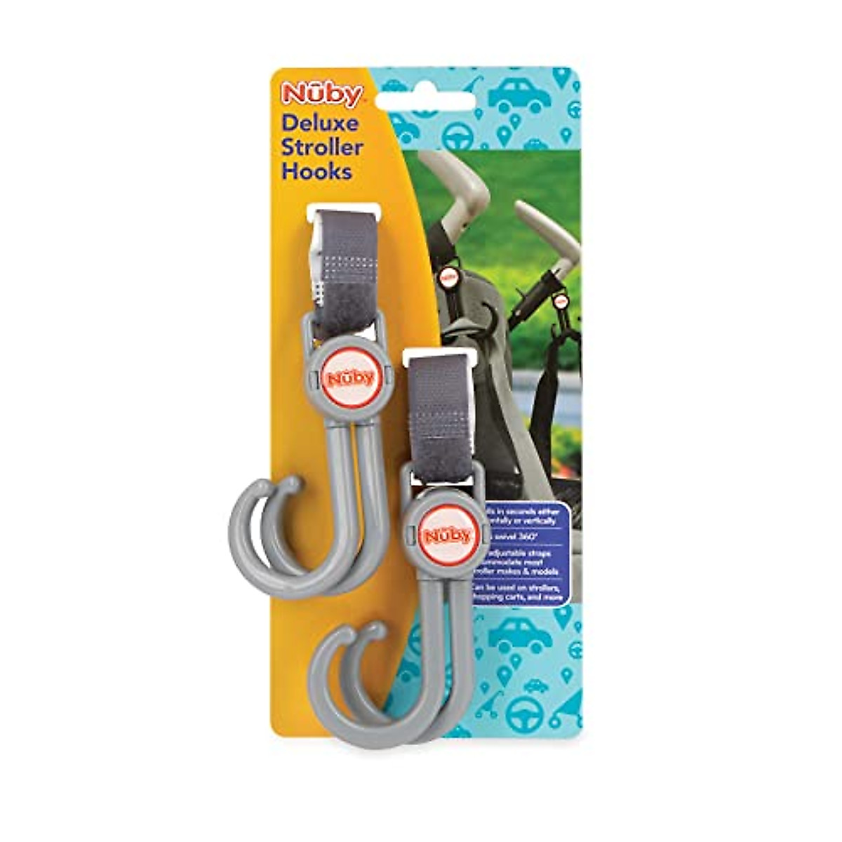 Nuby Double Stroller Hook, Adjustable Hook, Black or Grey