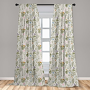 Ambesonne Floral Curtains, Vintage Garden Plants Herbs Flowers Botanical Classic Design Art, Window Treatments 2 Panel Set for Living Room Bedroom, Pair of - 28" x 63", Mustard Green
