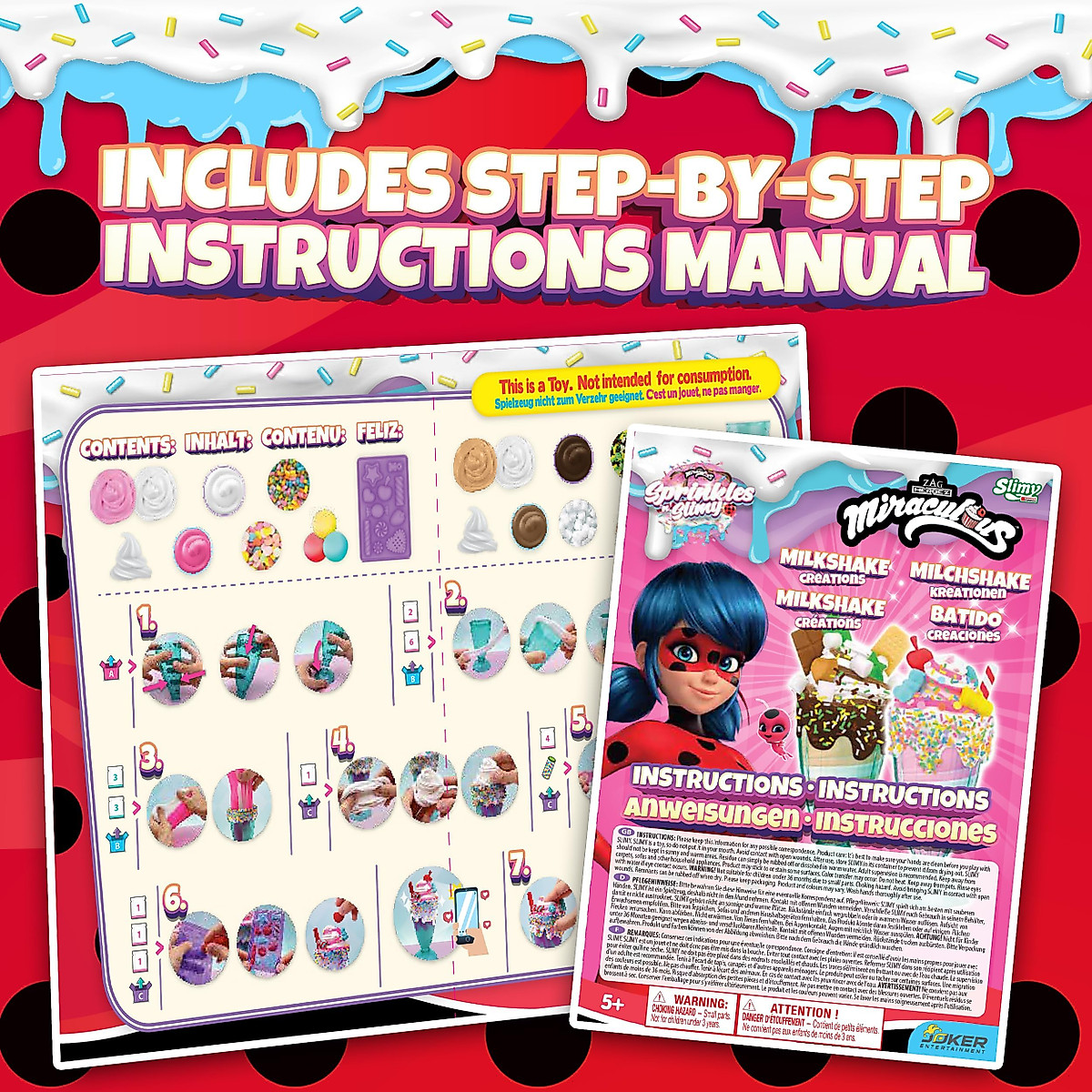 Miraculous Ladybug Sprinkles n' Slimy Kit - DIY Milkshake Slime with Milkshake Cup, Molds, Slime, Topping - Fun and Creative Craft Kit, Role Play Toys for Kids - Safe & Non-Toxic Ingredients