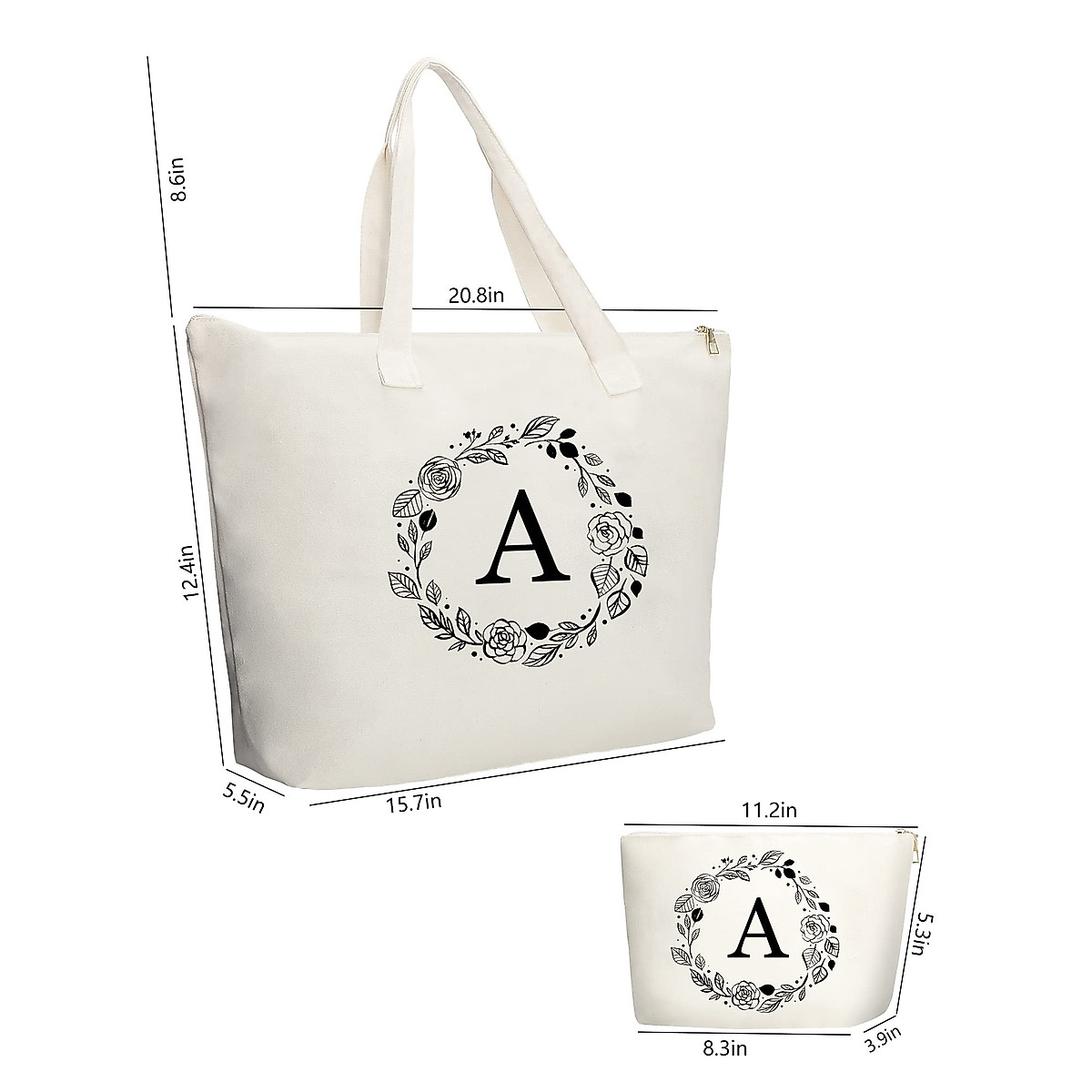 Binggemen Personalized Initial Canvas Tote Bag with Zipper, Present Bag with Inner Pocket & Make Up Bag, Great Gifts for Women, Mom, Teachers, Friends, Bridesmaids