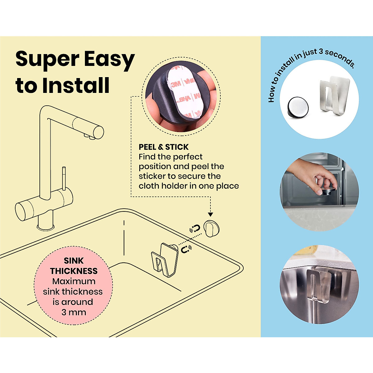 Happy Sinks Magnetic Sponge Holder for Kitchen Sink - Suitable for Steel - Metal - Composite Sinks - Strong Magnetic Backing - Durable and Sustainable Solution - Sink Caddy Sponge Holder - (Steel)
