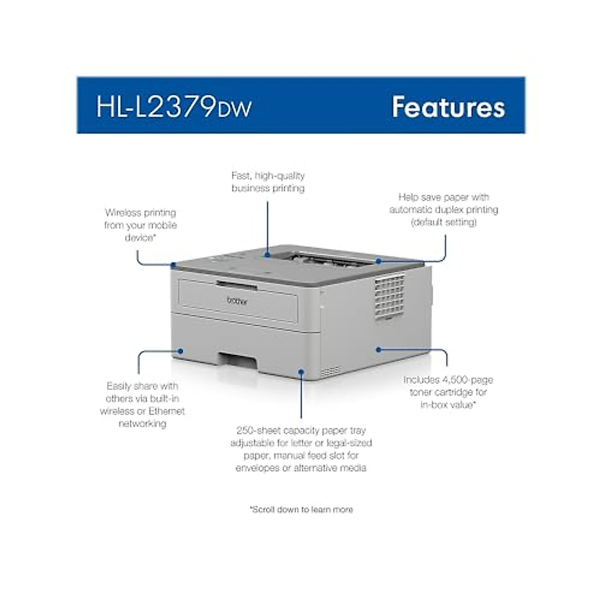 Brother HL-L2379DW Wireless Black & White Laser Printer (012502668886) (HLL2379DW)