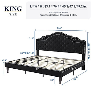 Allewie King Bed Frame with Adjustable Velvet Tiara Headboard, Upholstered Diamond Button Tufted Platform Bed, Wood Slats Support, No Box Spring Needed, Mattress Foundation, Easy Assembly, Black