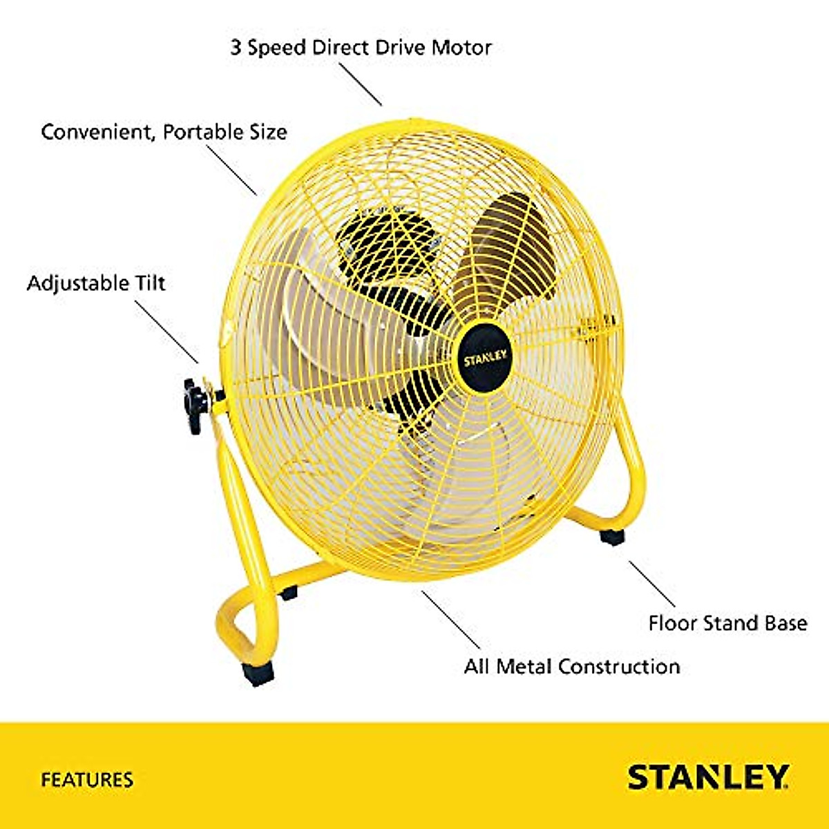 Stanley 20" Industrial High Velocity Floor Fan with 3 Speed Settings. Use for Shop, Garage or Warehouse. All Metal Construction (ST-20F)