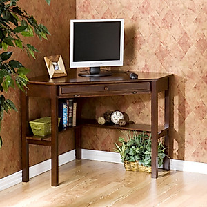 Corner Computer Desk Writing Smooth Keyboard Tray & Storage Shelves,Ameri Wood Desk Home Office Triangle Table, Rustic Natural Brown Black