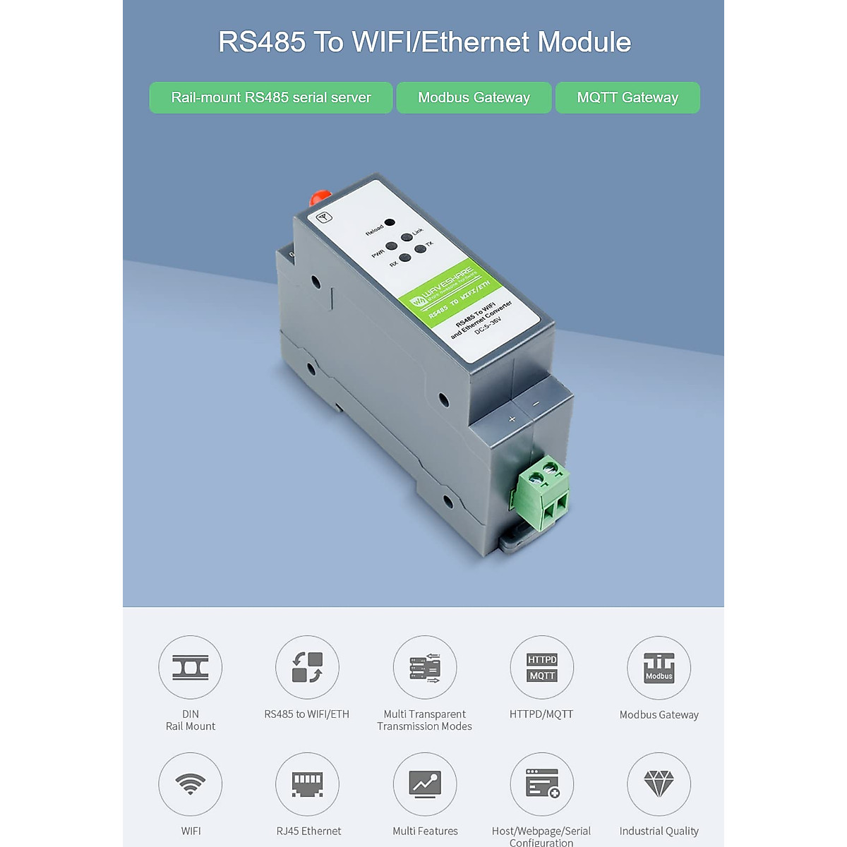 waveshare RS485 to WiFi/Ethernet Module, Modbus MQTT Gateway, Rail-Mount RS485 Serial Server, with RS485, WiFi and Ethernet Ports, Support RS485 to WiFi, RS485 to Ethernet, Ethernet to WiFi, etc.