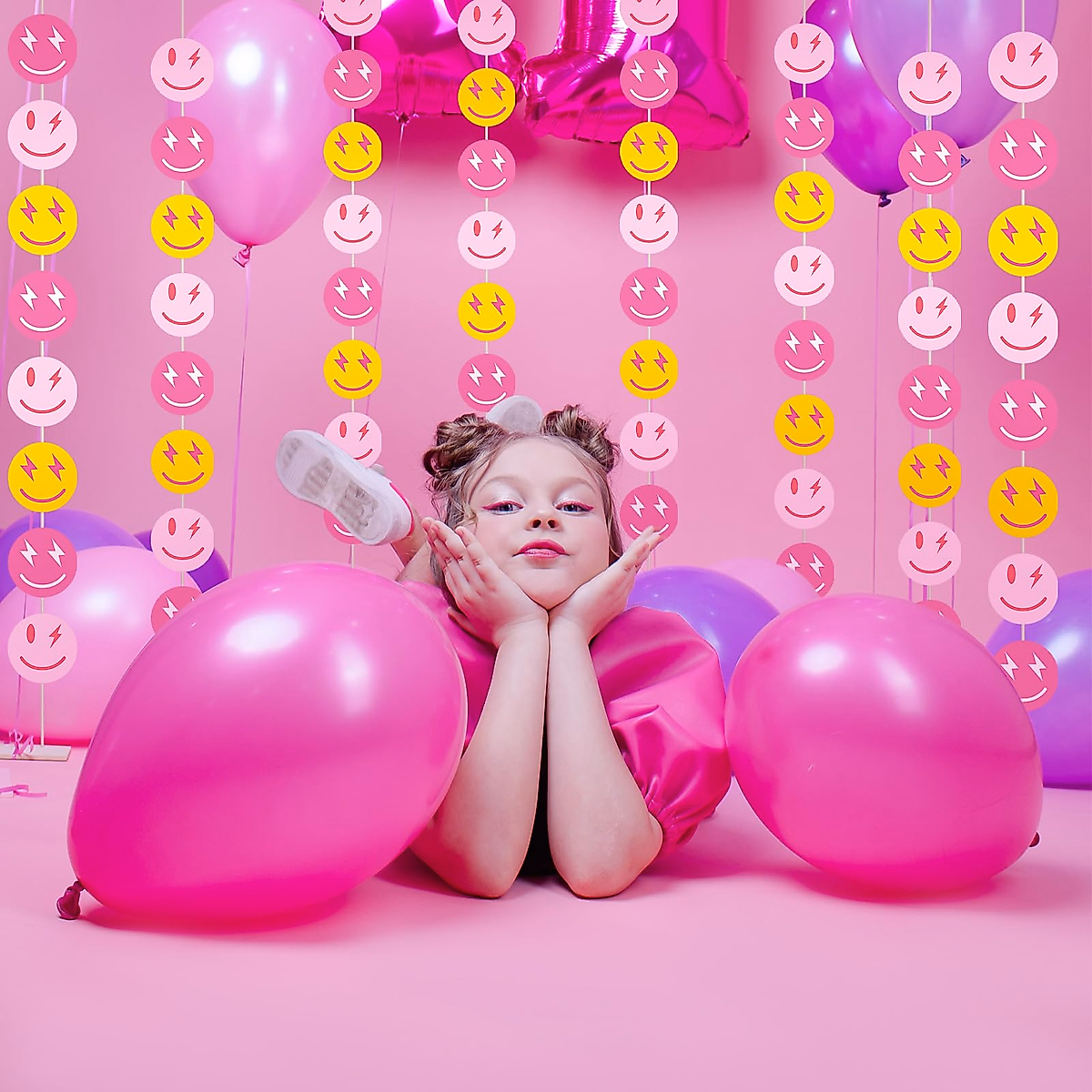 Ctosree 8 Pcs Preppy Hot Pink Birthday Party Decorations Happy Face Banner Preppy Party Decorations Smile Face Hanging Banners for Girls Kids Female Bachelorette Birthday Preppy Party Supplies