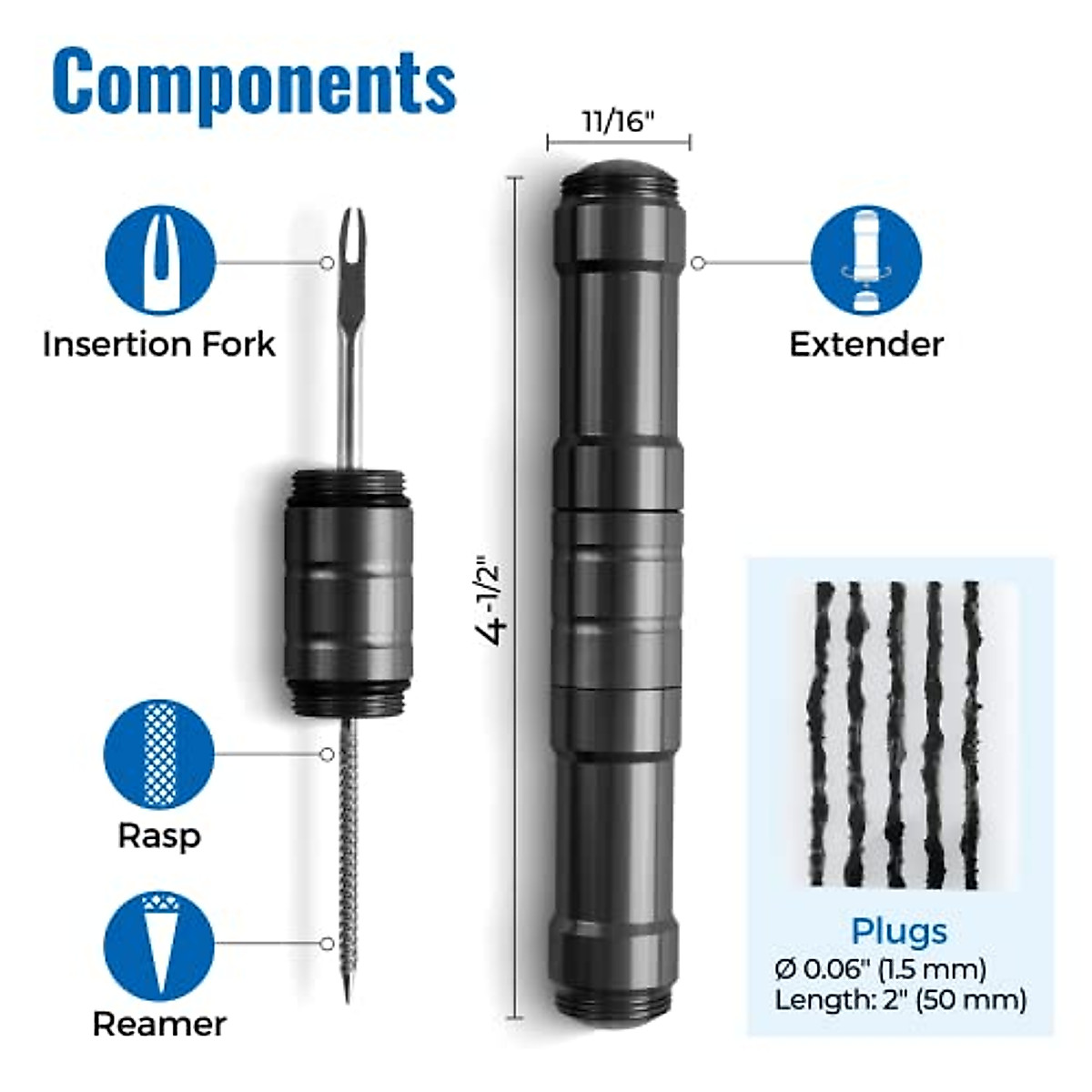 Tirellix Bike Tire Plug Kit – (Black) Tubeless Tire Repair Kit, Fix Flat or Puncture in Bicycle, MTB Motorcycle Tire, Portable Bike Tool Kit Includes Reamer, Insertion Fork, 5 pcs 1.5mm Tire Plugs