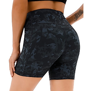 AFITNE Yoga Shorts for Women with Pockets High Waisted Printed Workout Athletic Running Shorts Biker Spandex Gym Fitness Tights Leggings Black Camo - XS