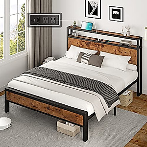 AMERLIFE Queen Size Bed Frame Industrial Platform Bed with Charging Station, 2-Tier Storage Headboard/No Box Spring Needed/Noise-Free/Dark Brown