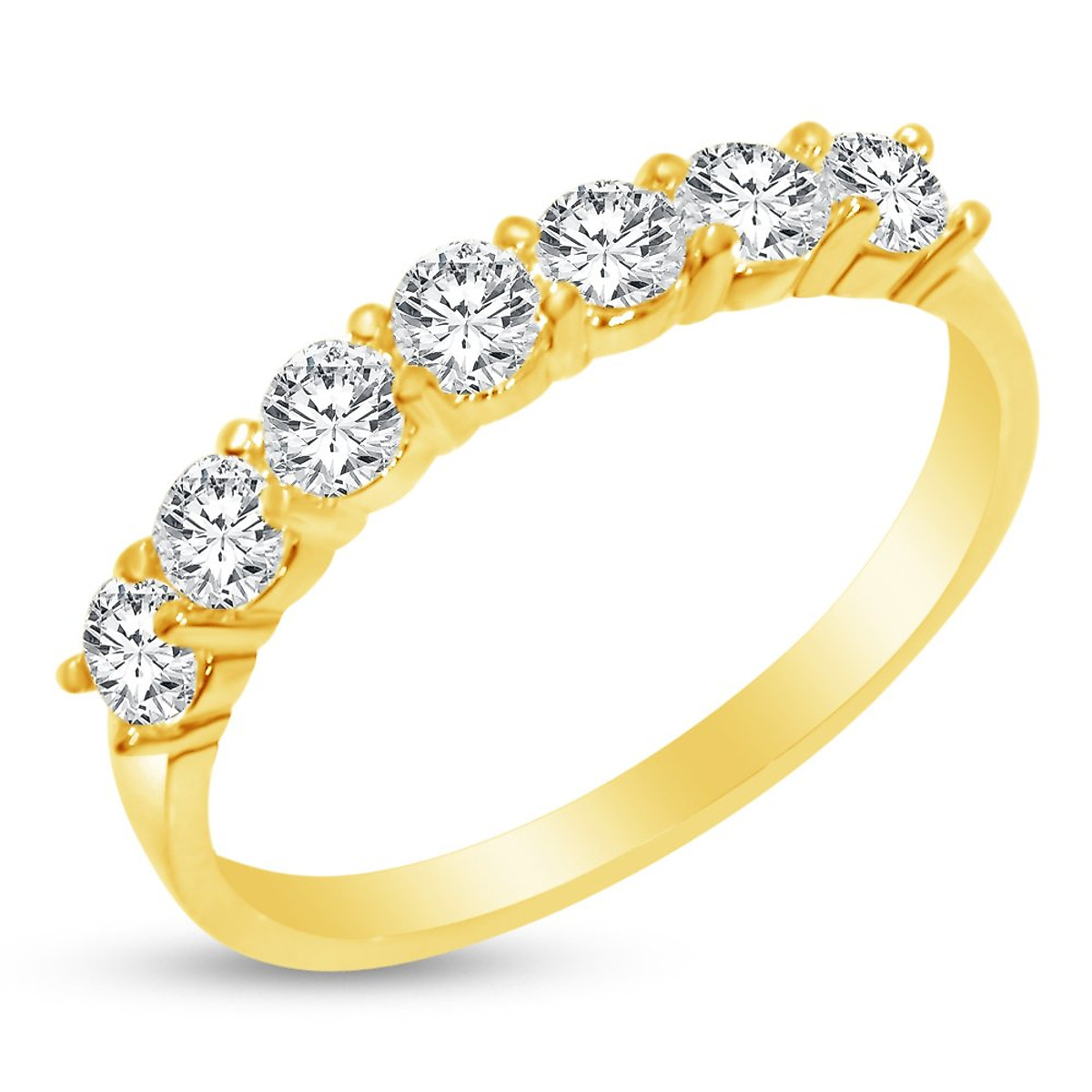 Size - 9 - Solid 14k Yellow Gold 3mm Round Cut Seven Stone Prong Set Anniversary Ring Wedding Band CZ Cubic Zirconia 1/2 cttw.