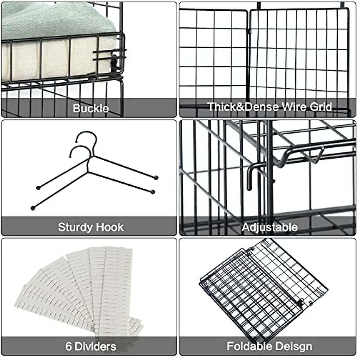 Yuyetuyo 7-Shelf Adjustable Hanging Closet Organizer, Wall Mount Clothes Shelves with 6 Adjustable Dividers for Socks Clothing Sweaters Shoes Handbags,Black