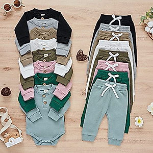 Ledy Champswiin Unisex Newborn Infant Baby Boy Girl Solid Clothes Set Waffle Knit Ribbed Outfit Fall Winter Long Sleeve Button Tops Pants 2PCS (Waffle Knit Coffee, 18-24 Months)