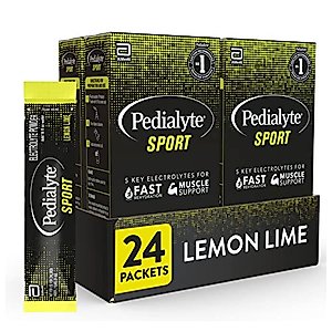 Pedialyte Sport Electrolyte Powder, Fast Hydration with 5 Key Electrolytes for Muscle Support Before, During, & After Exercise, Lemon Lime, 0.49-oz Packets (24 Count)