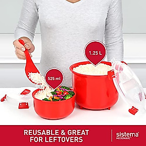 Sistema Microwave Rice Cooker and Steamer Bowl for Vegetables with Steam Release Vent, Dishwasher Safe, Red
