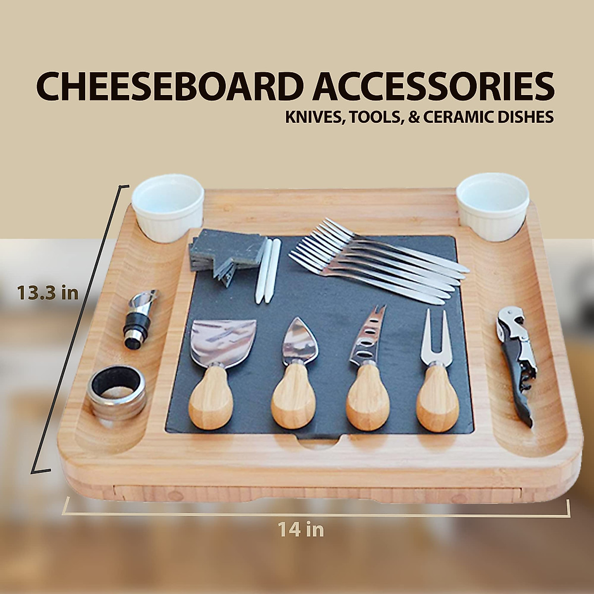 Cotswold Homeware Co Cheese Board Set - Wooden Serving Platter, Cheese Cutting Board & Cheese Knife Set, Charcuterie Accessories, Unique for Housewarming, Party Hosting Essentials