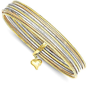 IceCarats 14K Dangling Heart Love Tri Color Gold Set of 7 Slip On Bangle Bracelet