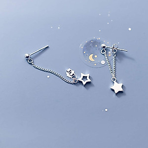 Reffeer Solid 925 Sterling Silver Star Chain Drop Earrings Dangle for Women Small Star Drop Earrings Studs (A-Silver)