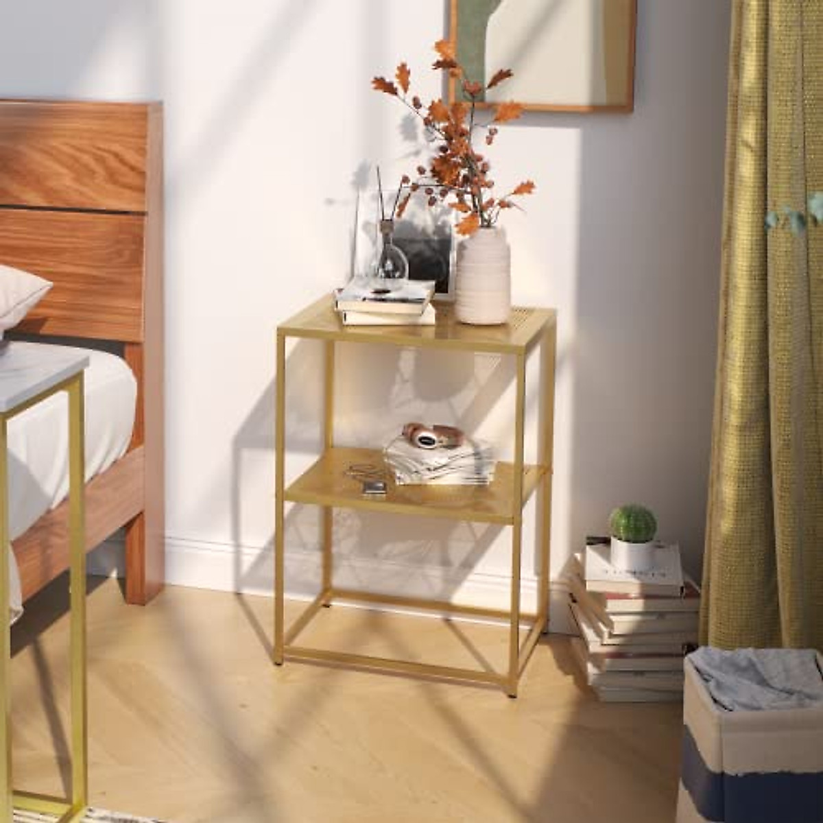 Yusong Narrow End Table, Small Gold Side Table for Small Spaces, Standing Metal Shelf, Night Stand Bedside Table for Bedroom, Sofa Couch Tables for Living Room, Gold
