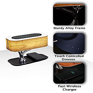 Well Guided Tree of Light Bedside Table Lamp Shade Modern Bedroom Desk Night Light Bluetooth Speaker Fast Qi Wireless Charger Touch Control Dimmable LED Light Smart Corner Lampshade Cherrywood