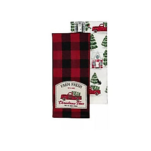 St. Nicholas Square Kitchen Hand Towels, Set of 2, Farm Fresh Christmas Trees Appliqued Embroidery Red Truck, Red and Black Buffalo Plaid Flat Cotton Dishtowels for Home Decorating