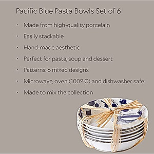 Royal Doulton Porcelain Pacific Mixed Patterns Set of 6 Pasta Bowls, 22cm, Blue